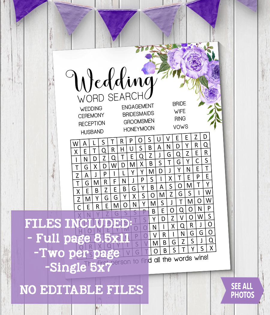Wedding word search bridal shower game, Ready to Print, purple floral ...